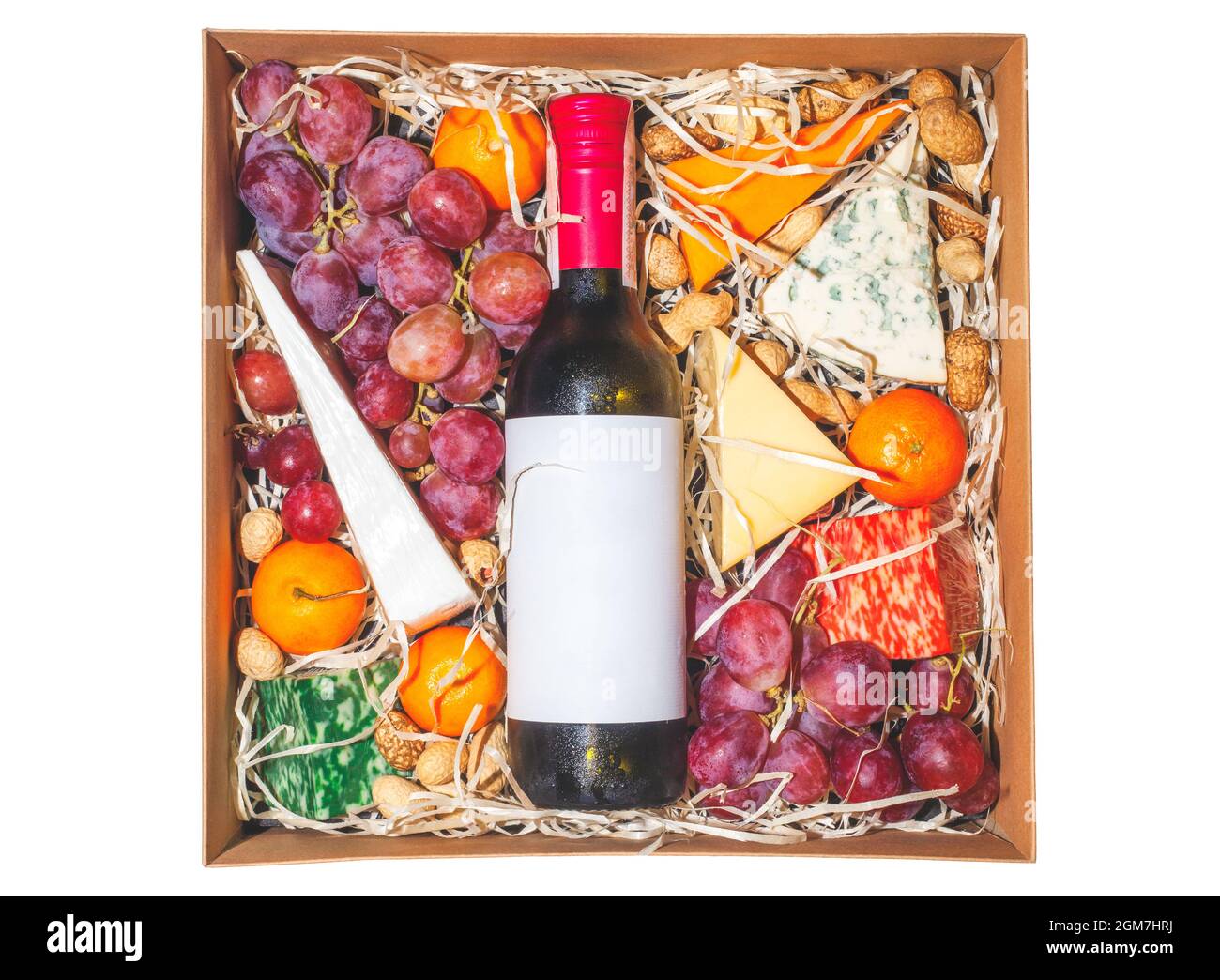 Cardboard gift box with wine bottle and fruit isolated on white ...