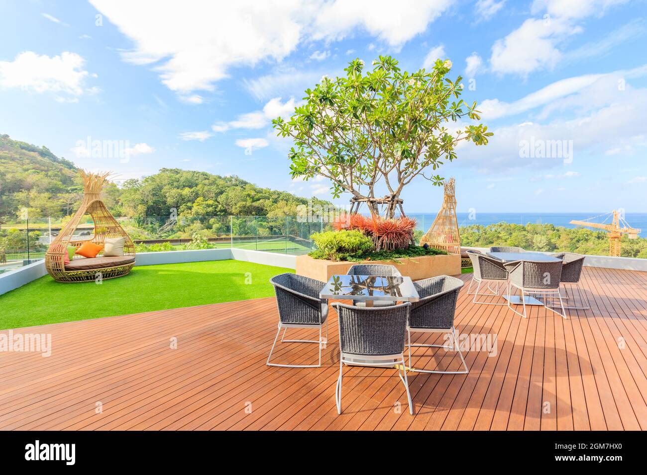 Apartment building roof top terrace exterior with modern living area ...