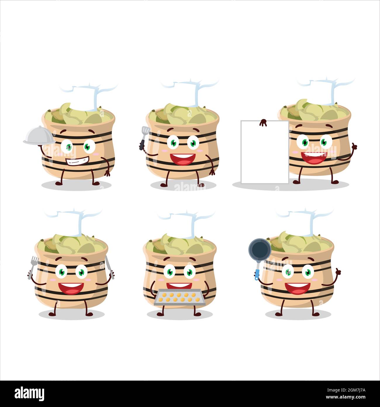 Cartoon character of green cardamon with various chef emoticons. Vector ...