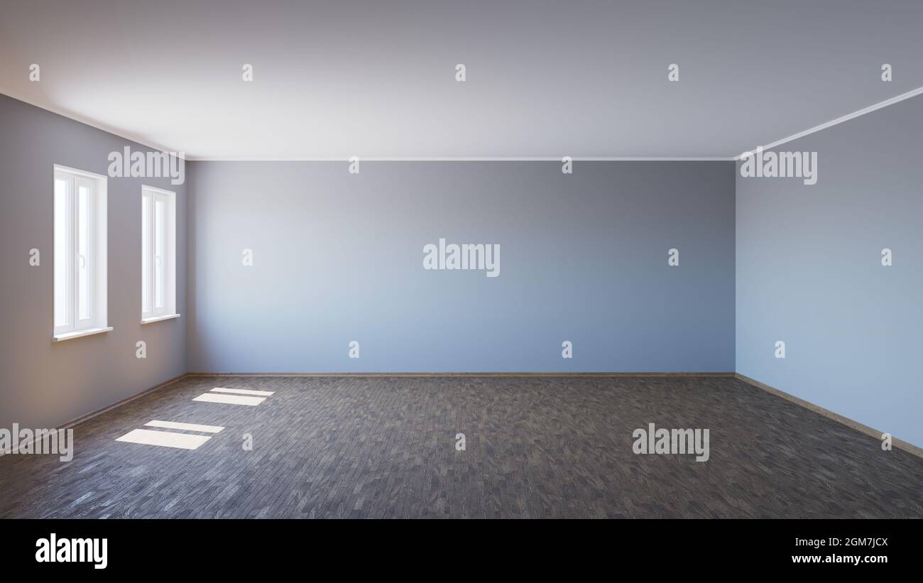 Empty Interior with Parquet Floor Lit by the Sun, 3d illustration Stock ...