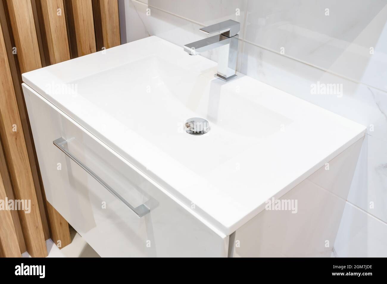 Interior of bathroom with sink basin faucet and mirror. Modern design ...