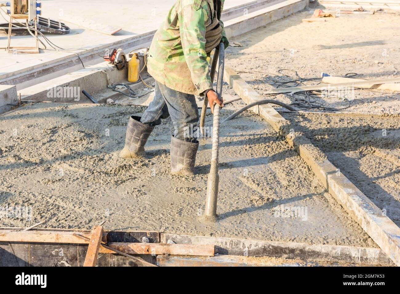 Concrete pouring during commercial concreting floors of buildings in ...