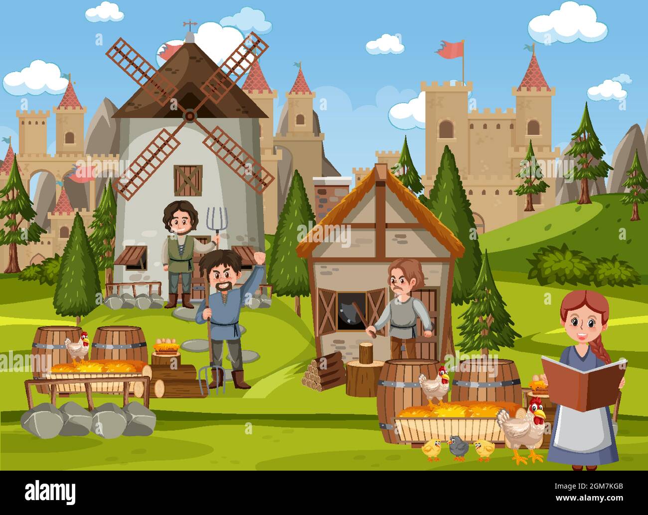 Medieval town scene with villagers illustration Stock Vector Image ...