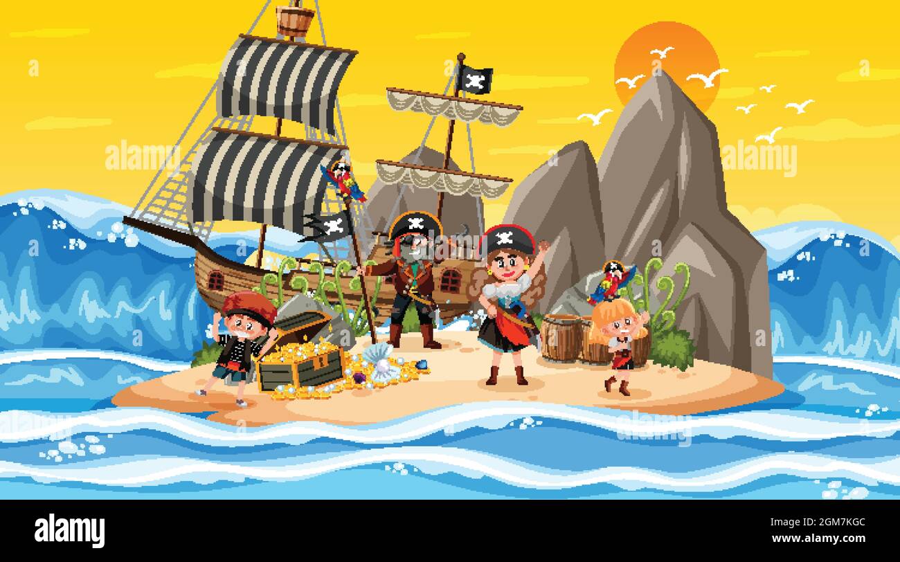 Treasure Island scene at sunset time with Pirate kids illustration ...
