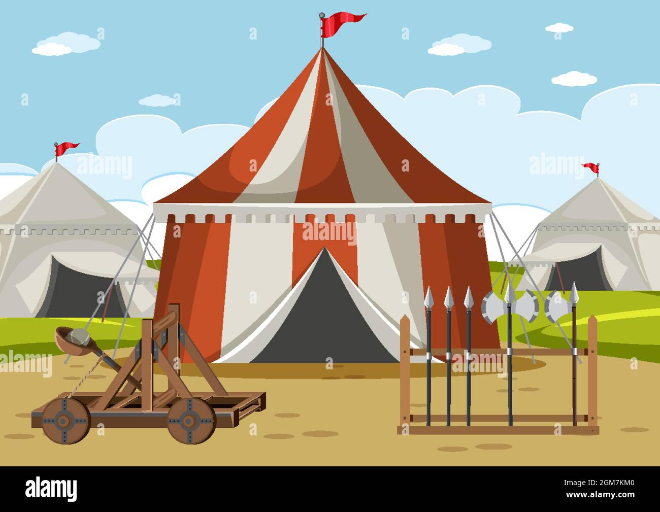 Military medieval camp with tents and weapons illustration Stock Vector ...