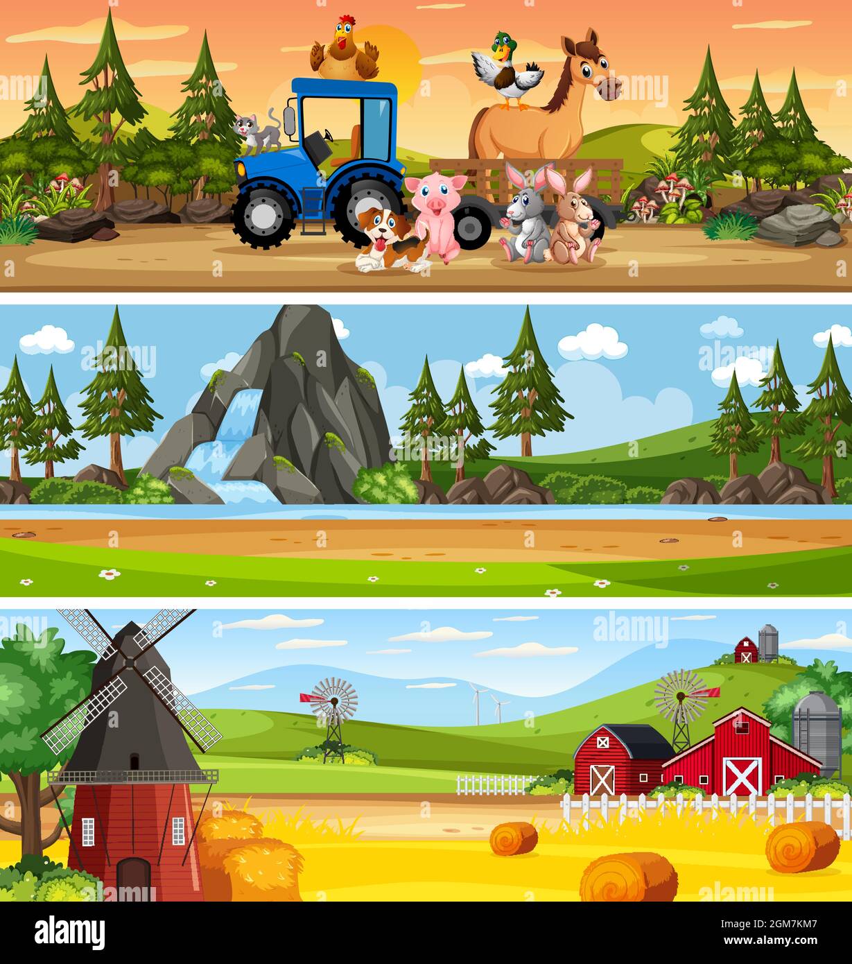 Different nature landscape at daytime scene with cartoon character ...