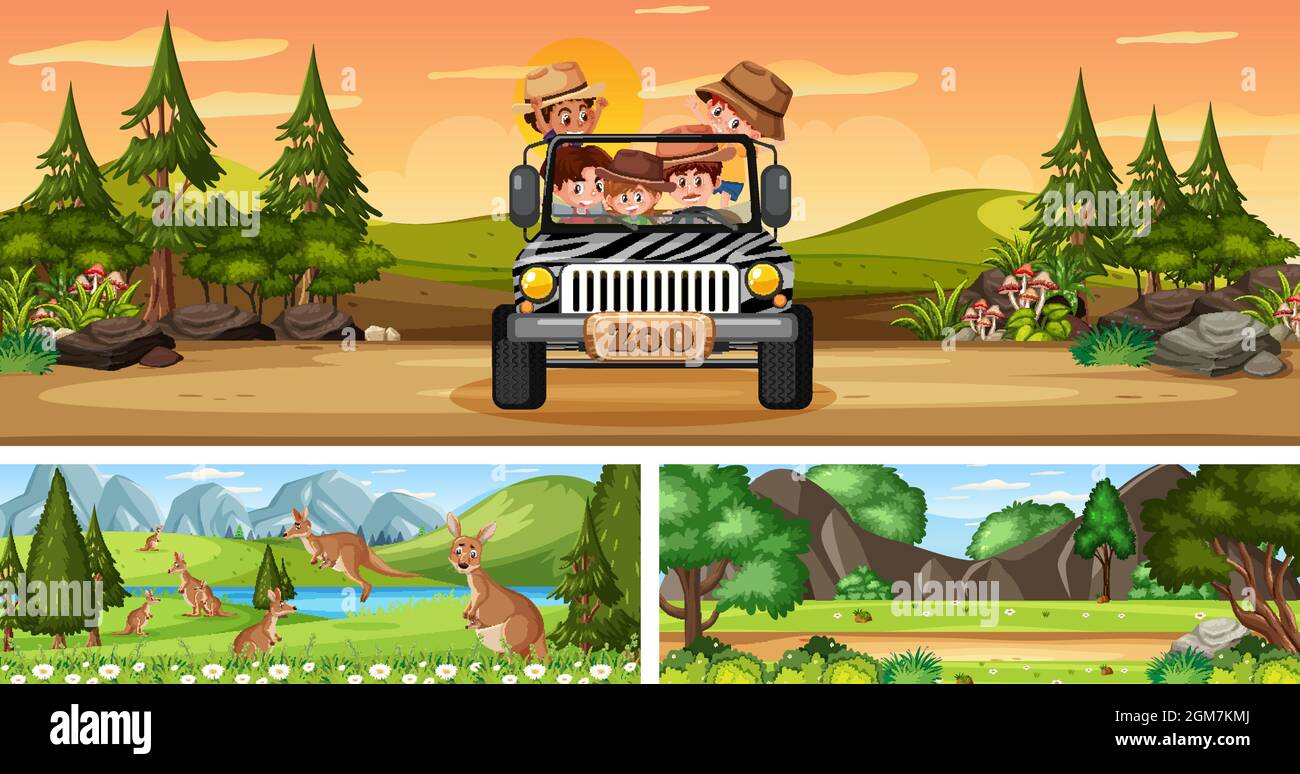 Set of different outdoor panoramic landscape scenes with cartoon ...