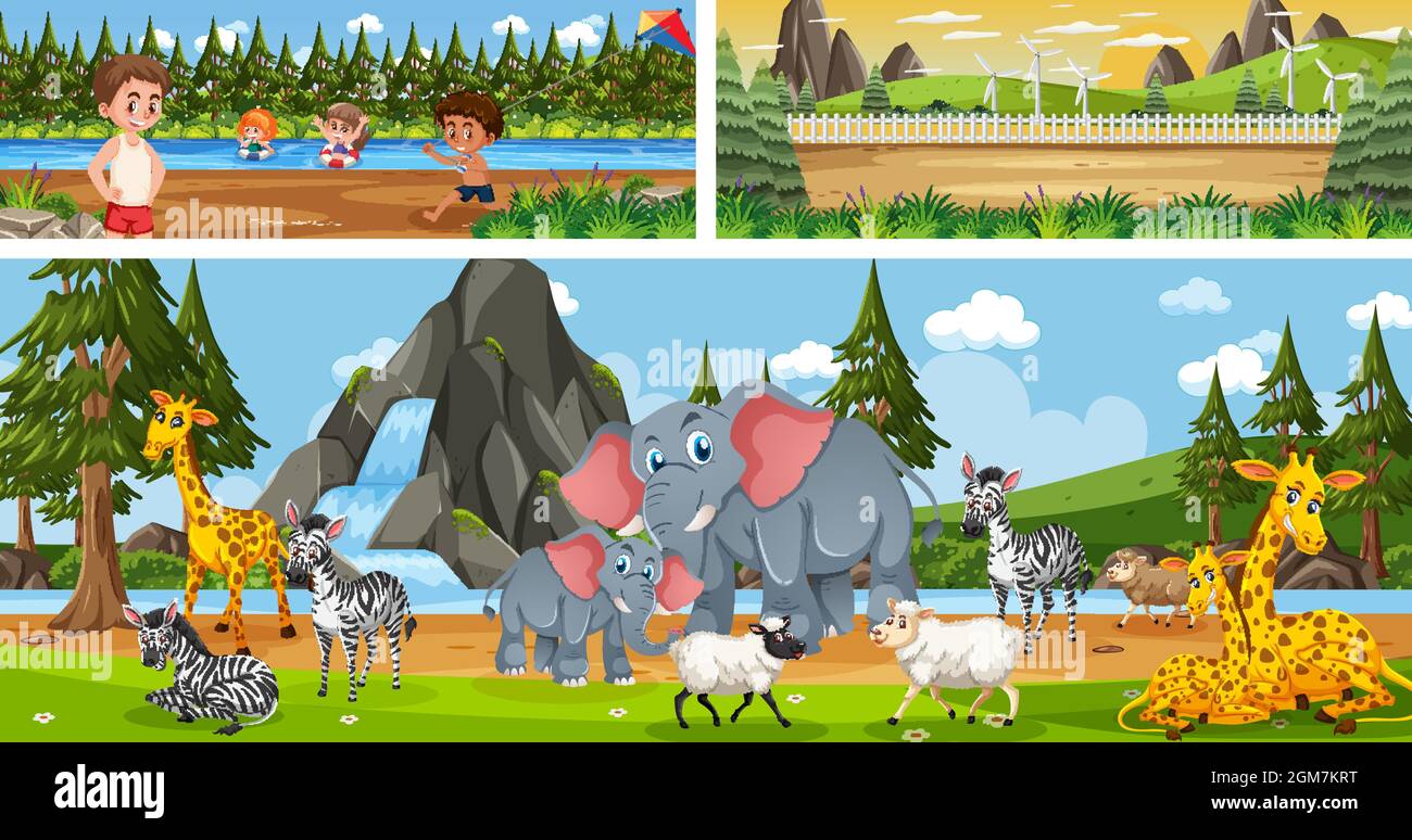 Different scene set with outdoor panoramic landscape in cartoon style ...