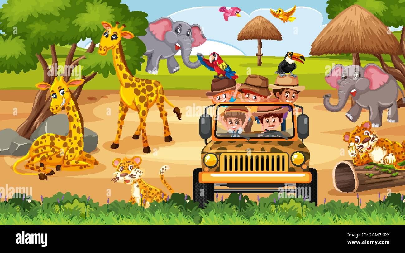 Safari scene at daytime with children tourist on the car illustration ...