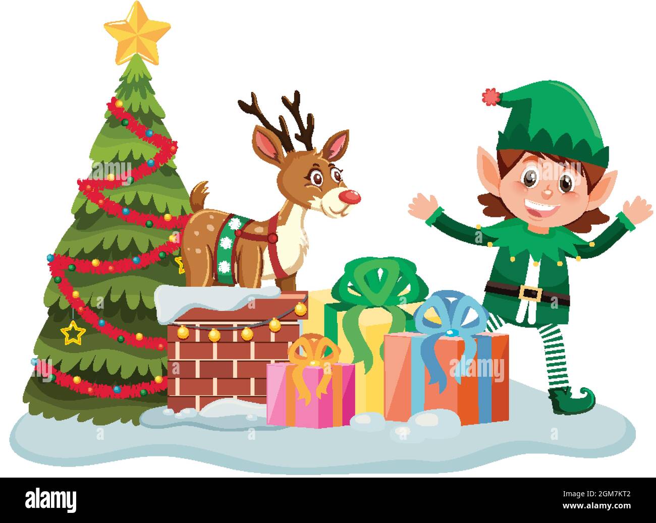 Christmas elf with many present boxes and Christmas tree illustration ...