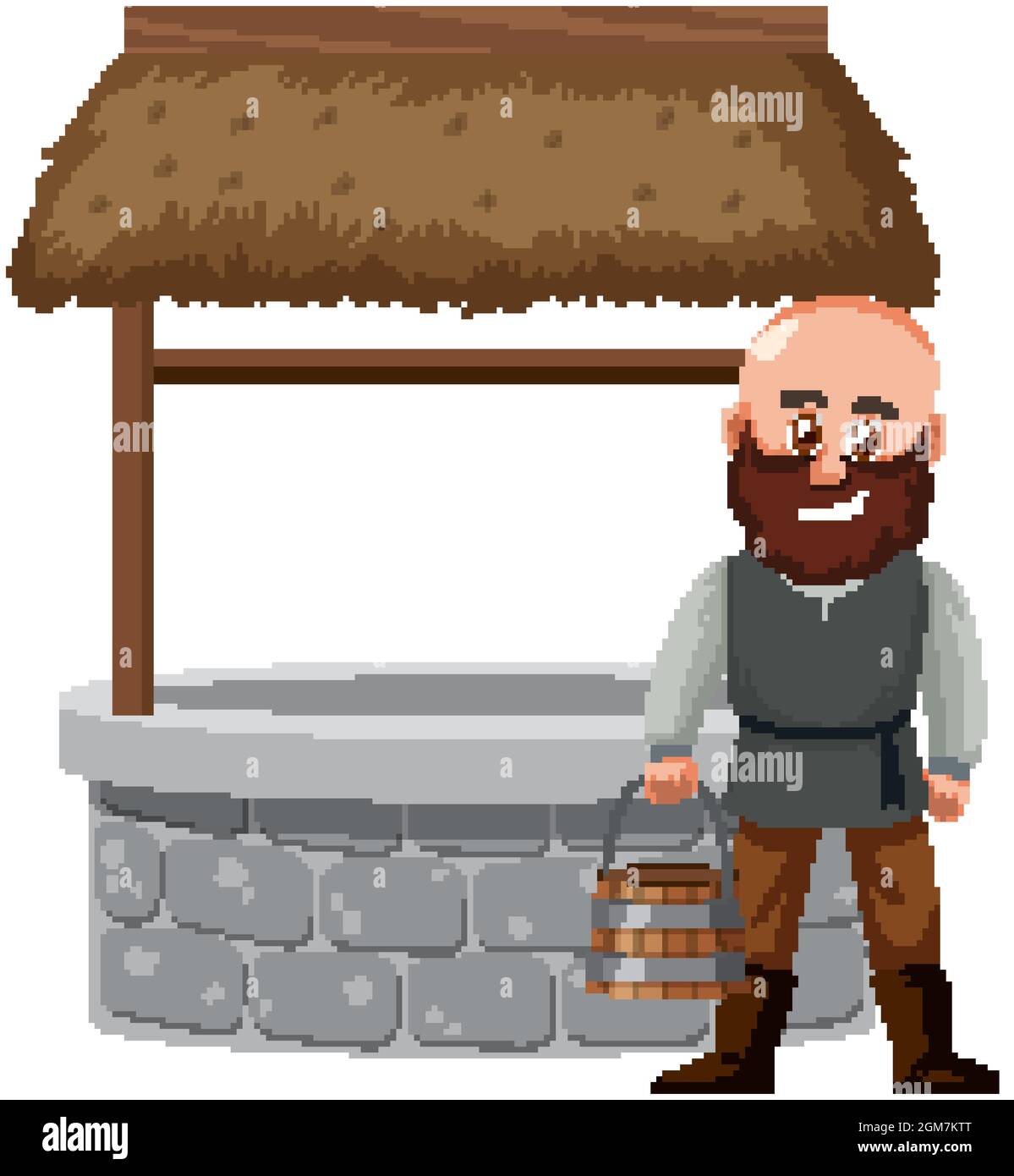 Peasant man standing beside a stone well with rooftop illustration ...