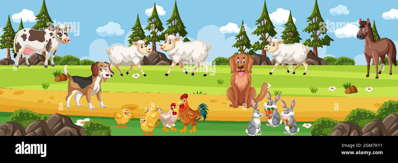 Panorama landscape scene with various farm animals illustration Stock ...