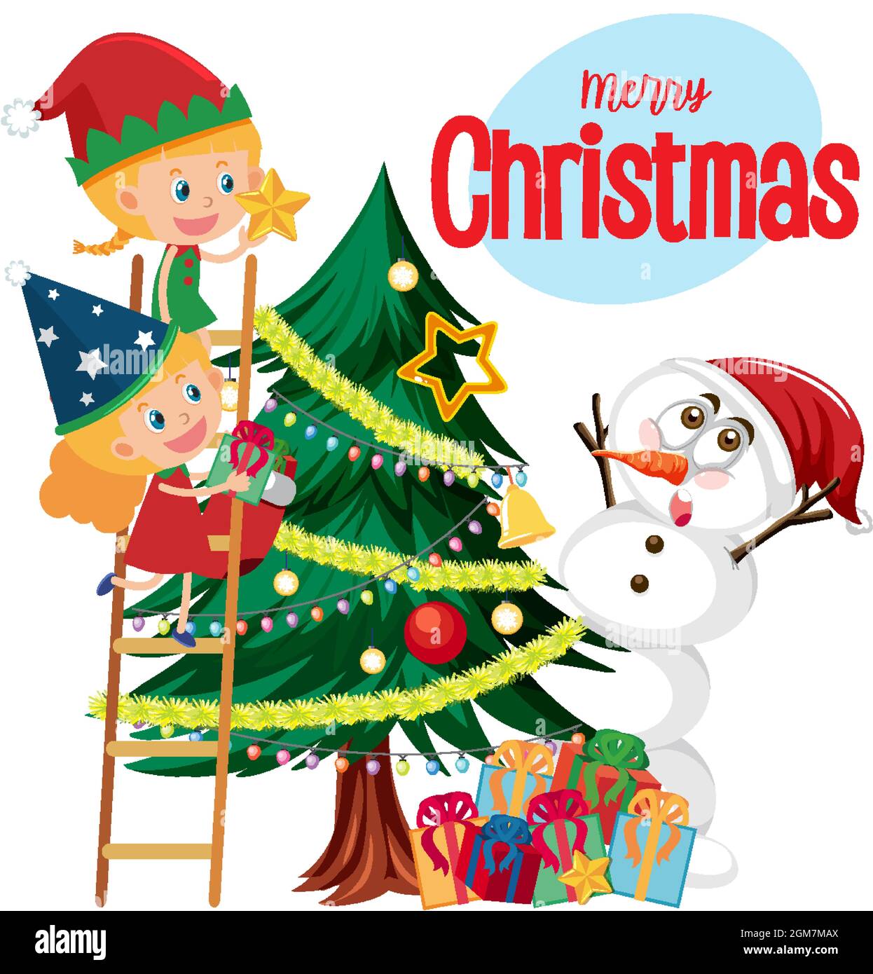 Merry Christmas text logo with Christmas and decorations illustration ...