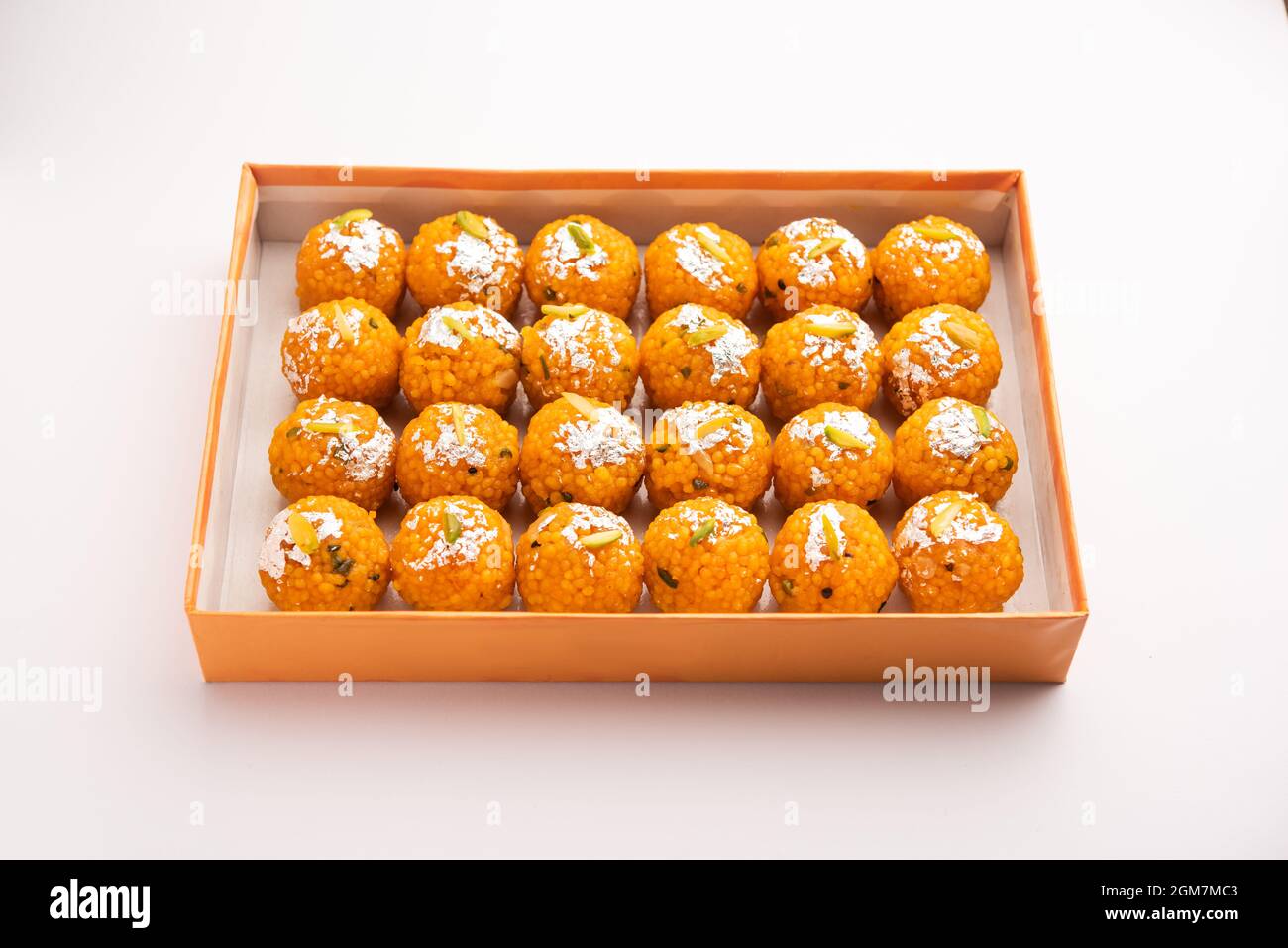 indian sweet motichoor laddoo or Bundi laddu made of gram flour very ...