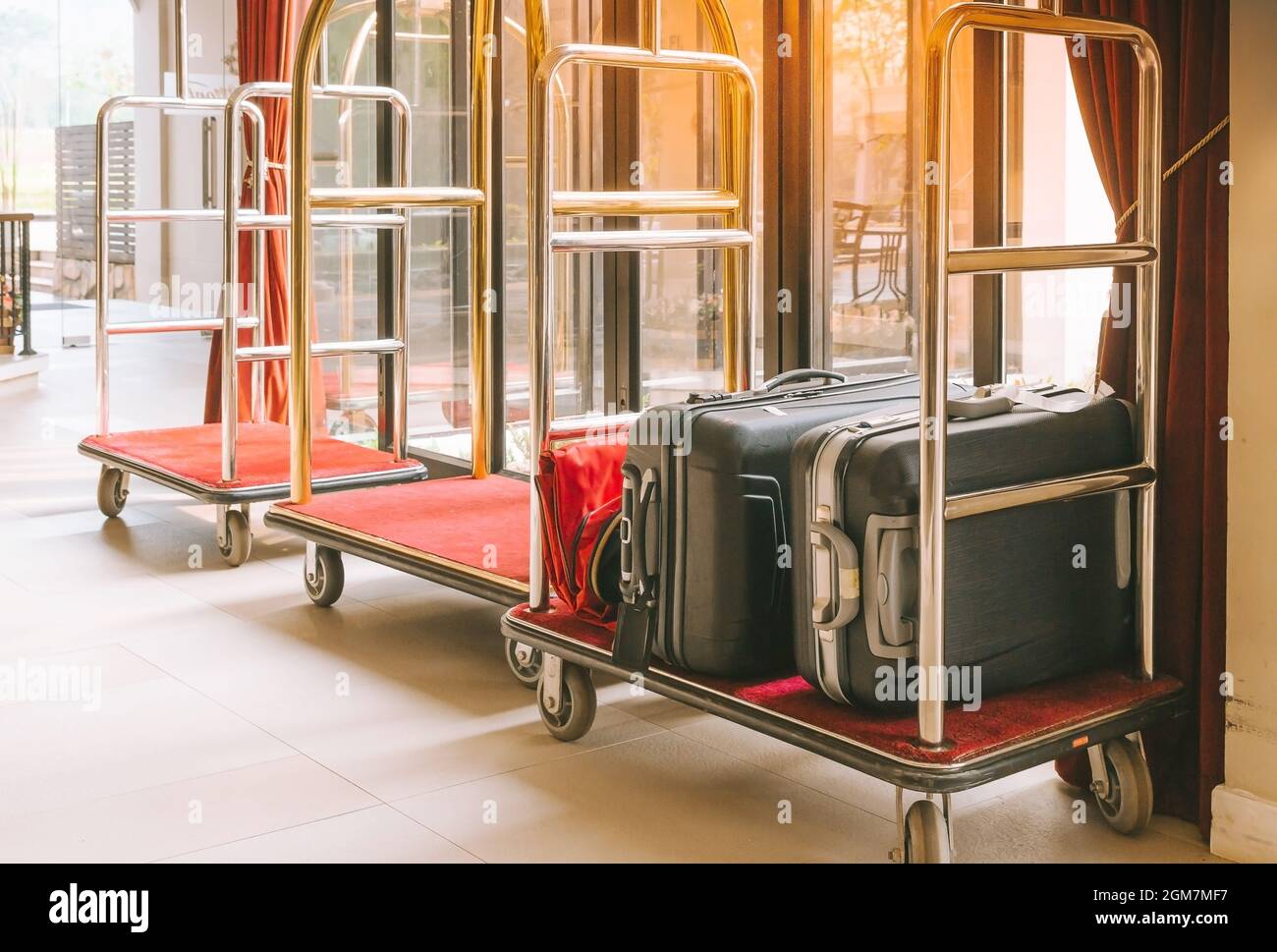 Hotel luggage cart / baggage trolley in the hotel lobby hallway ...