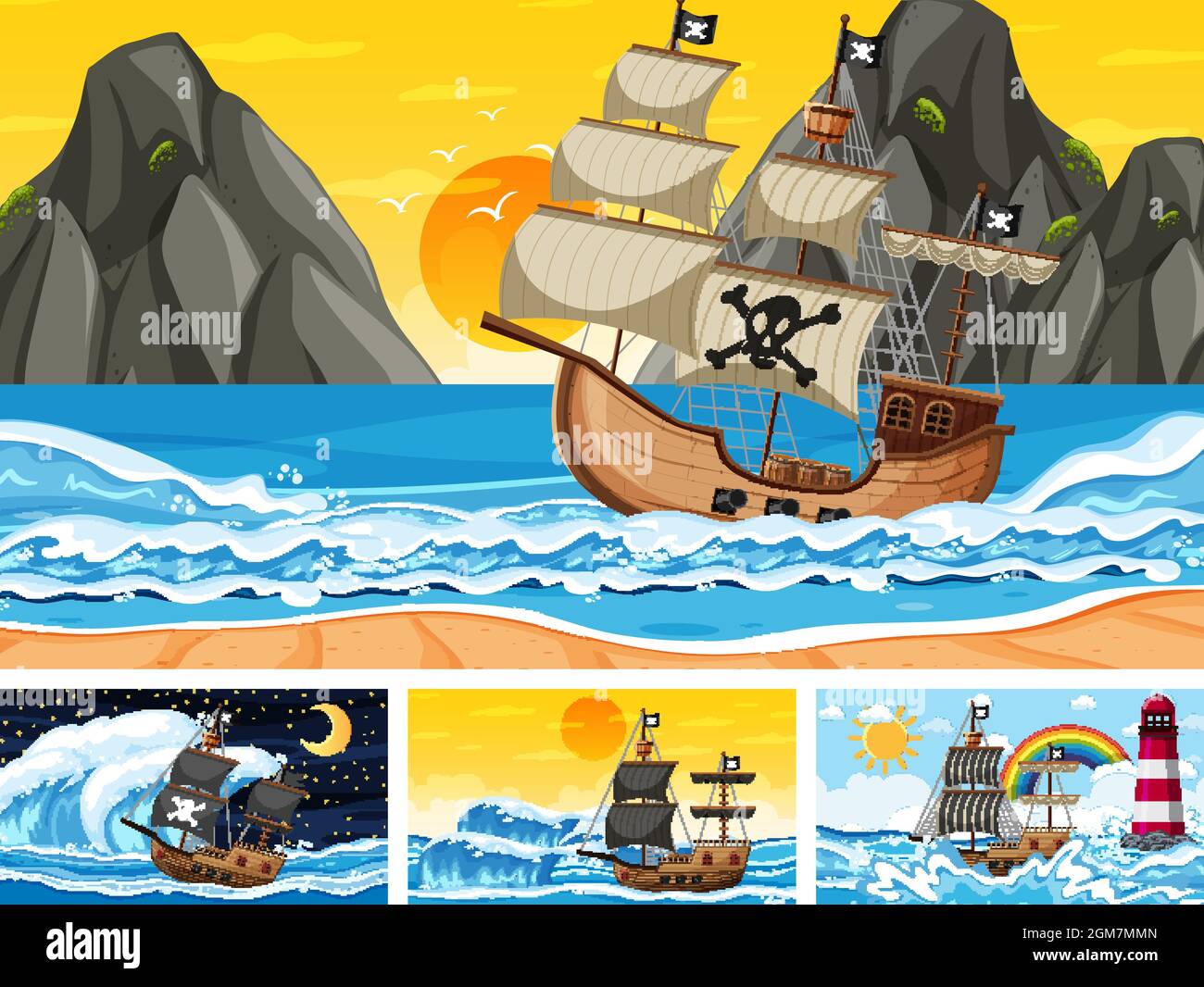 Set of ocean scenes at different times with Pirate ship in cartoon ...