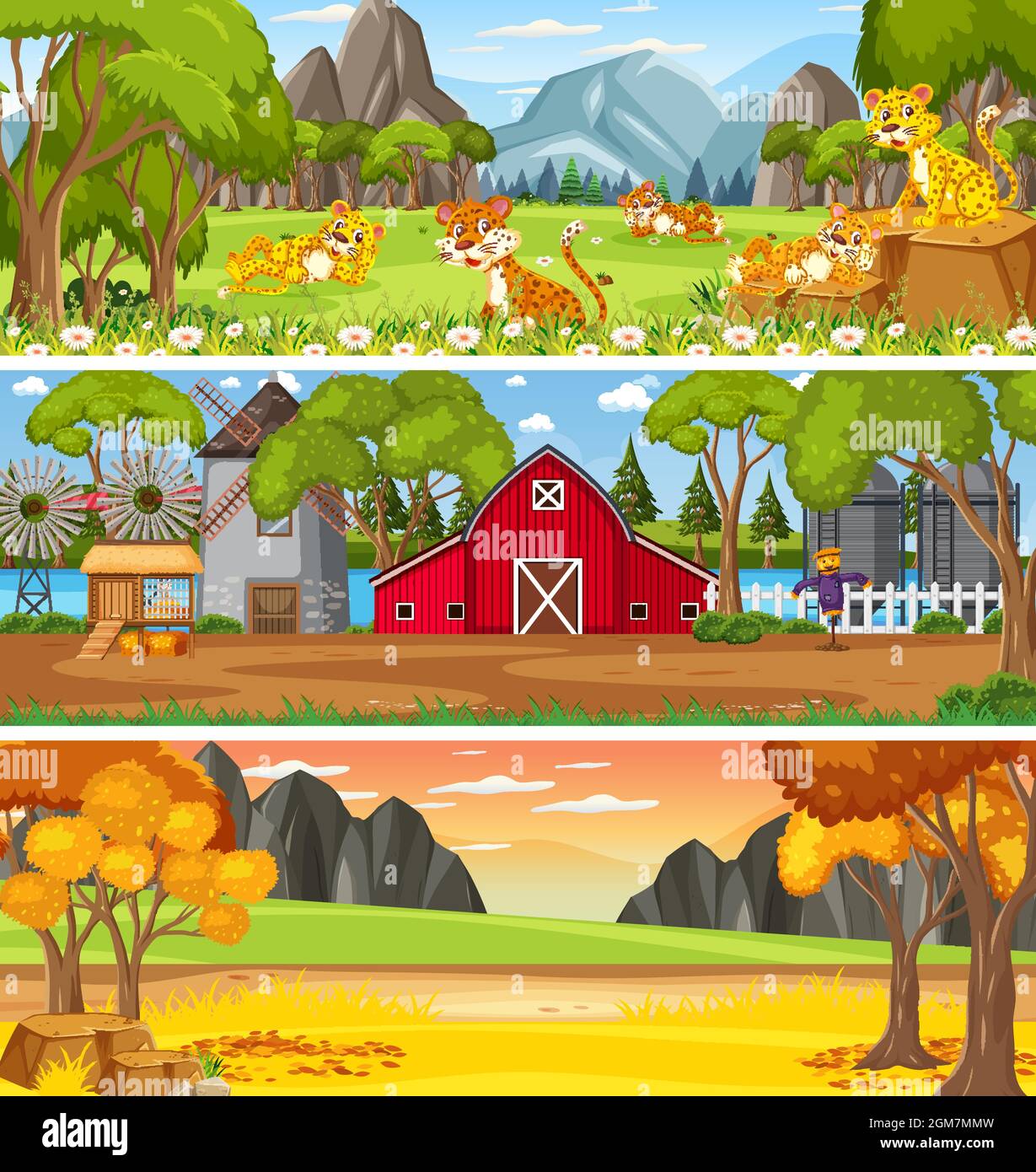 Different nature landscape at daytime scene with cartoon character ...