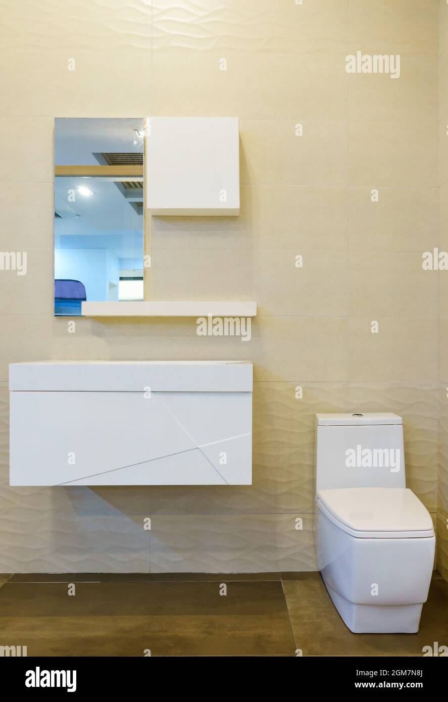Modern spacious bathroom with bright tiles with toilet and sink. Side ...