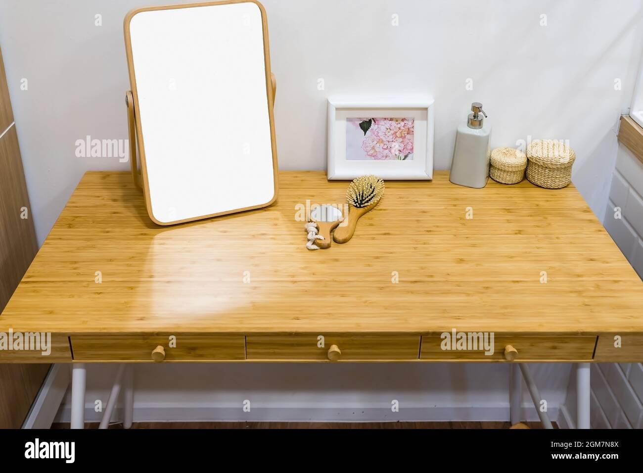 Beauty and make-up concept: mirror, comb and makeup set on a modern ...