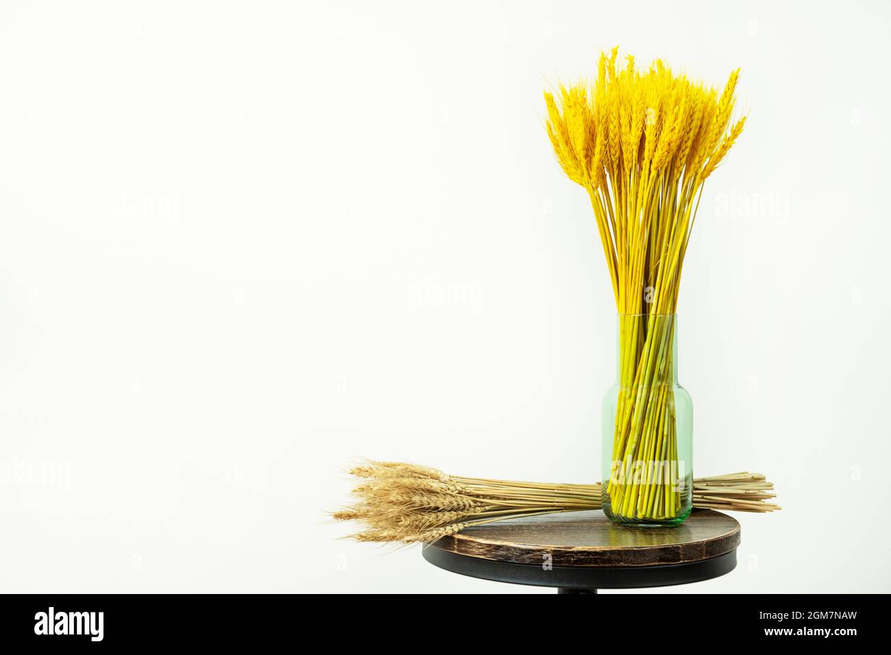 bunches of wheat of two colors on round wooden and metal stool with ...