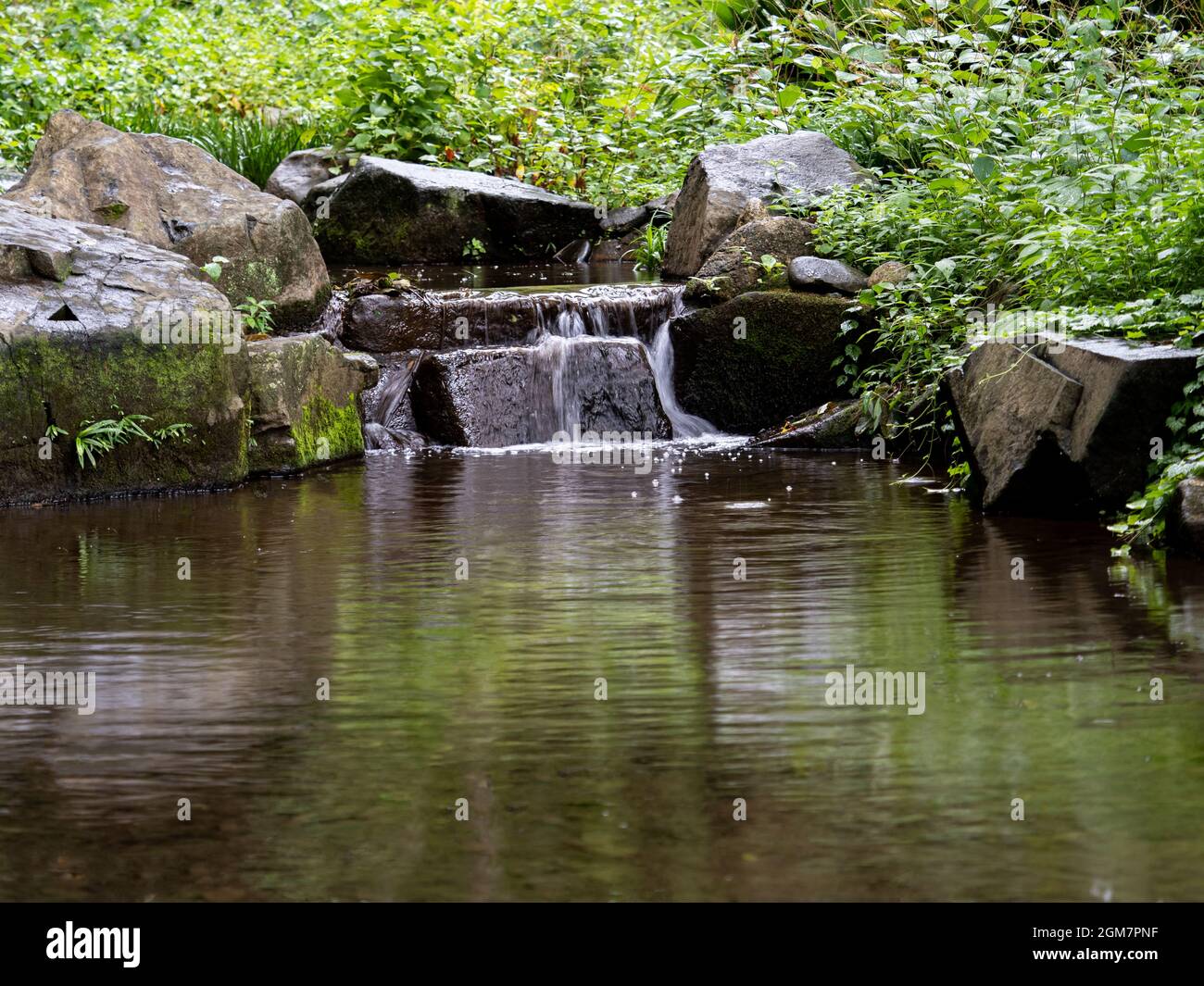 Scenic view of a small waterfall in a Japanese park in Tokyo Stock ...