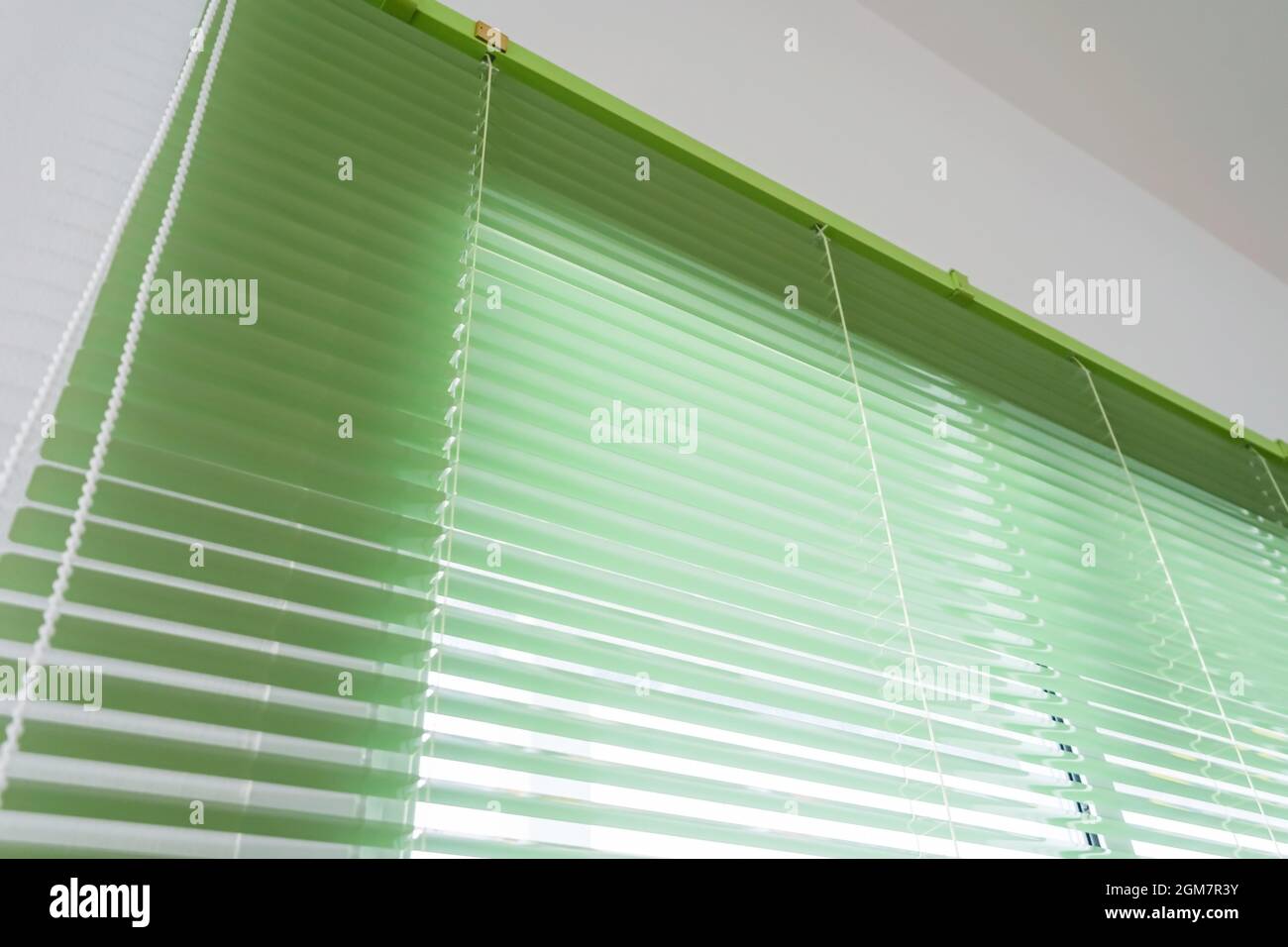Sun-protection jalousie of white color on the window in a bright sunny ...