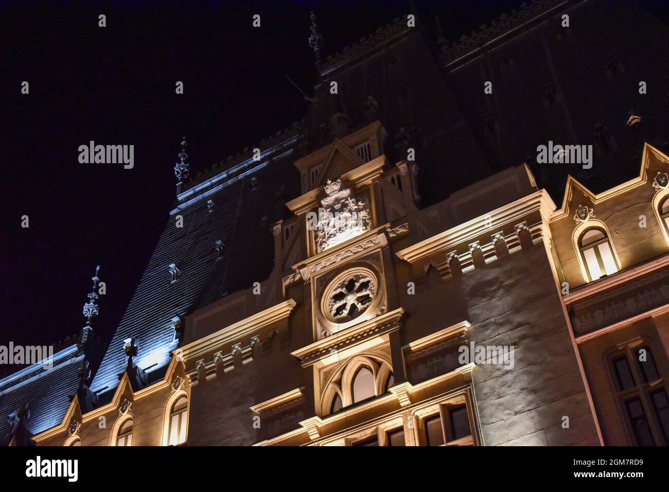 Low-angle shot of the Palace of Culture with unique gothic architecture ...