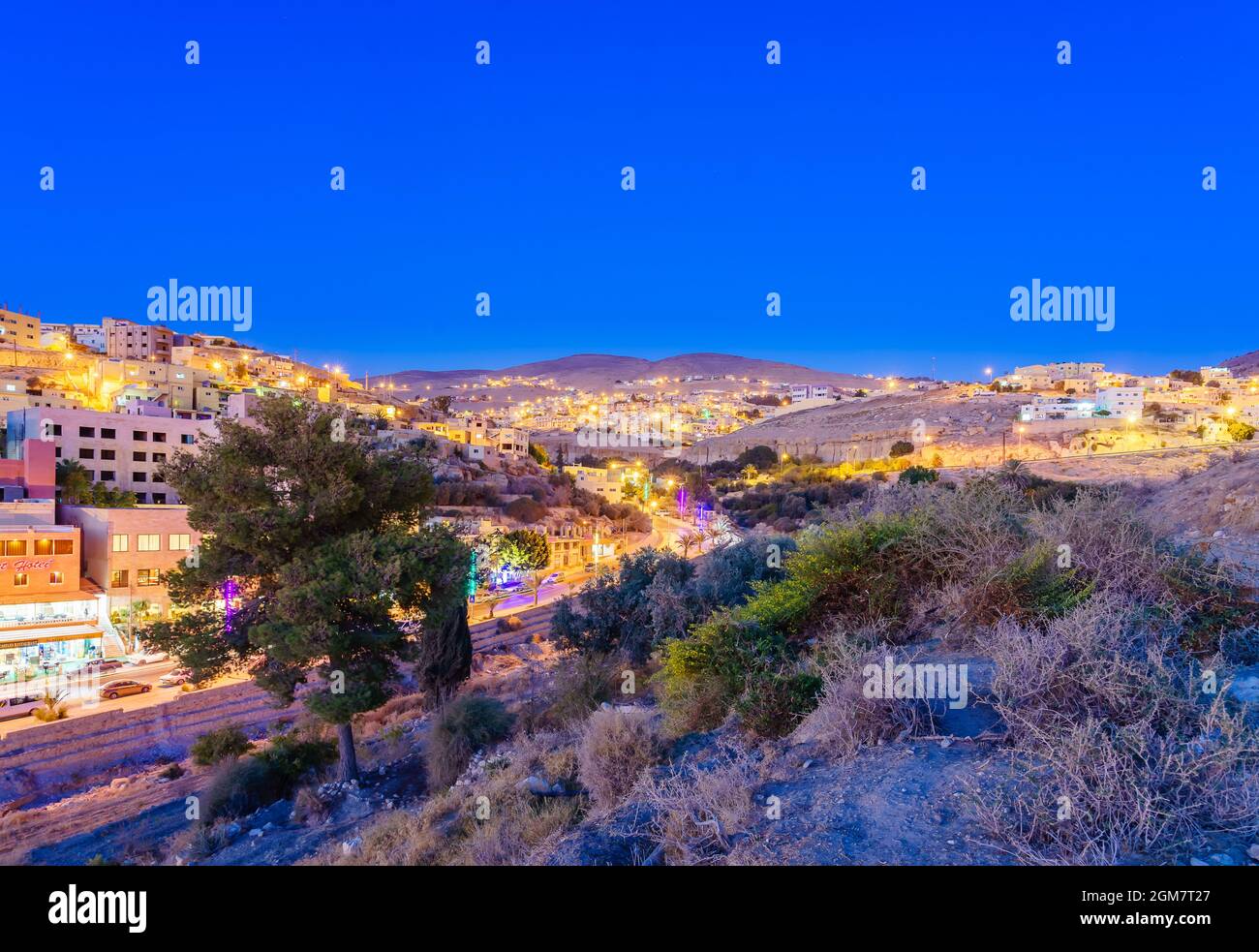 MUDI MUSA, JORDAN - OCTOBER 13, 2018: Cityscape view of Wadi Musa town ...