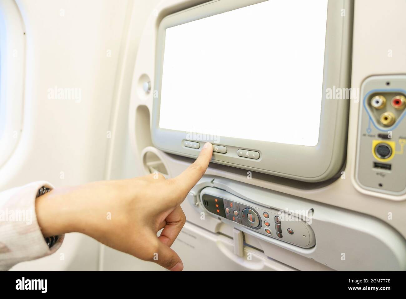touch screen, close up of a woman pointing finger to white blank LCD ...