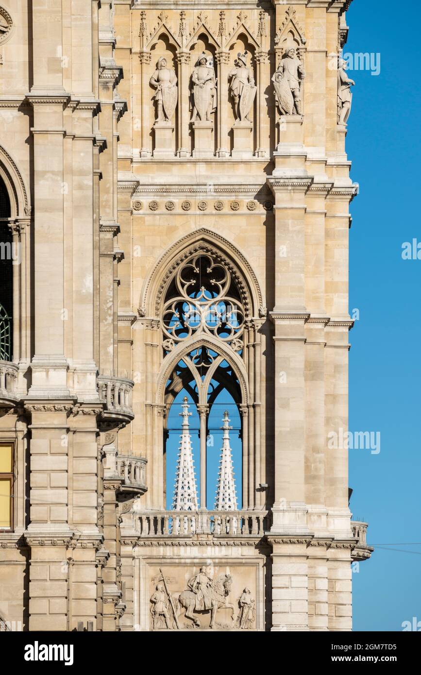 Detail of windows and towers of the Vienna city hall building with neo ...