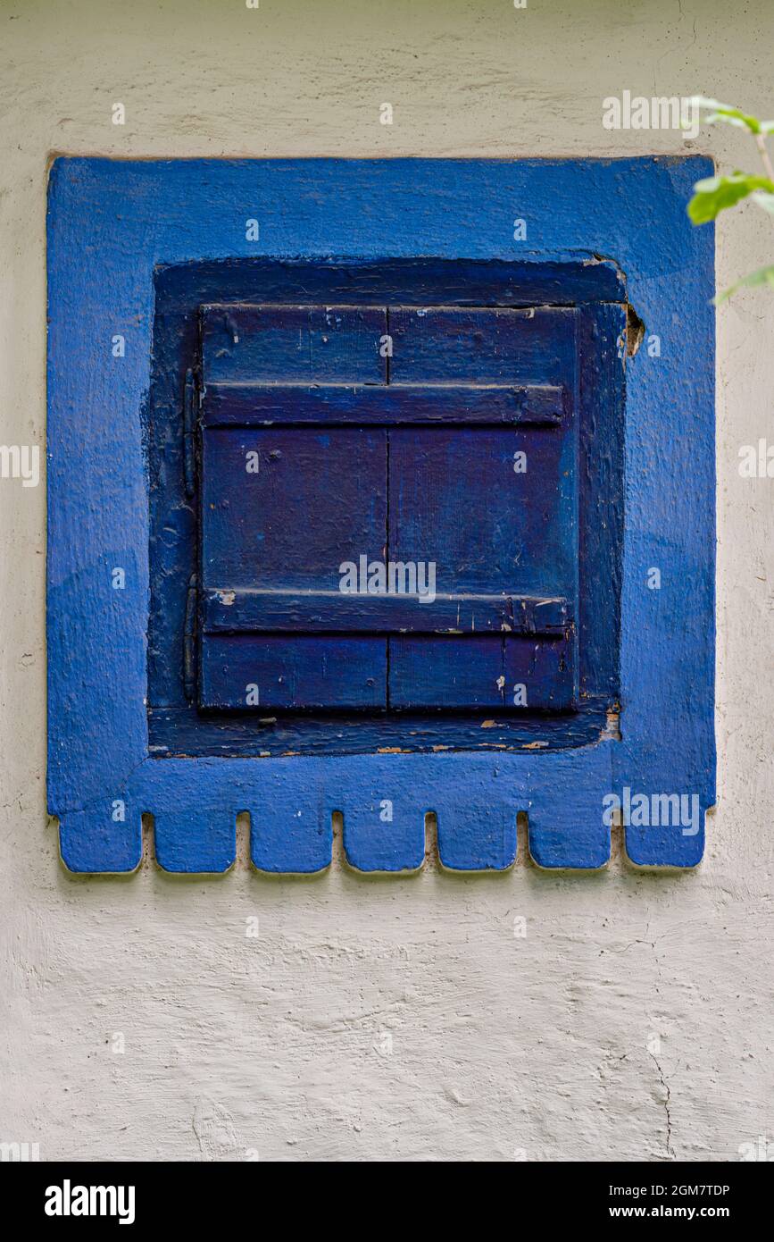 Blue wooden window with blue painted frame in vintage building Stock ...