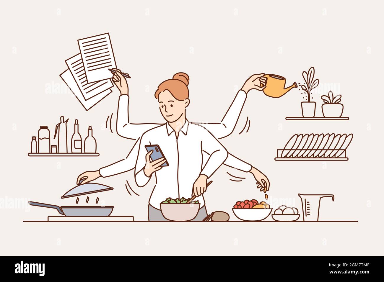Multi tasking woman kitchen Stock Vector Images - Alamy