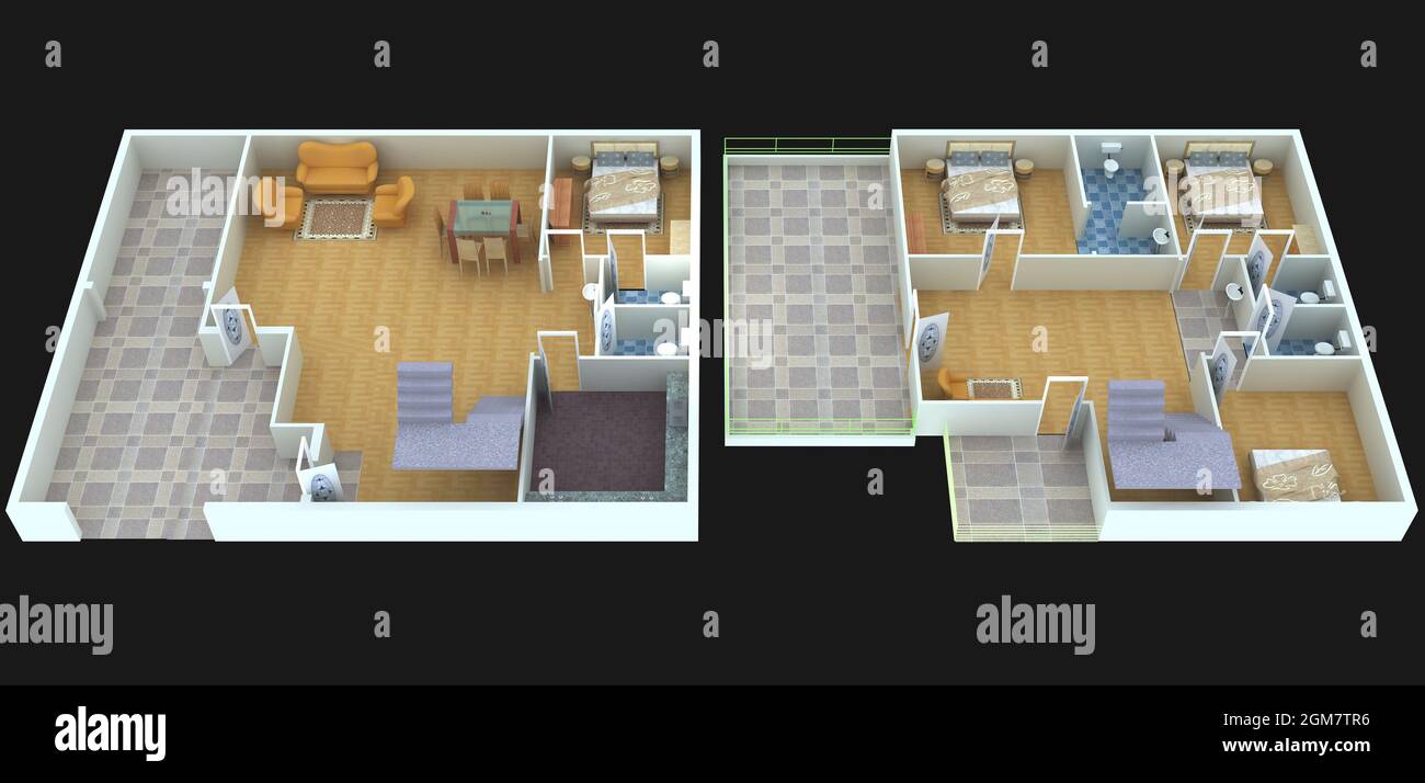 3D rendering illustration of a plan and layout of modern houses Stock ...