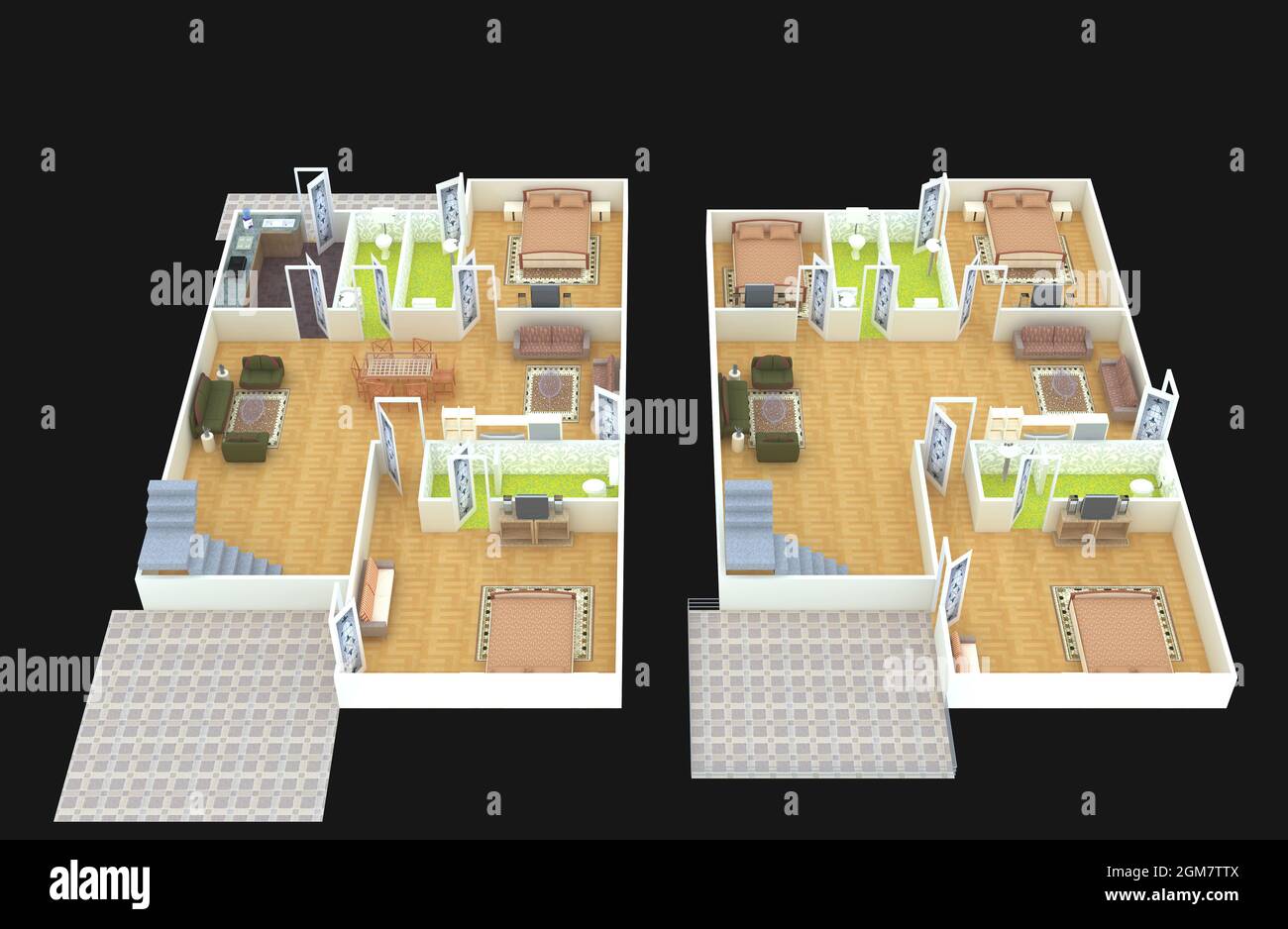 3D rendering illustration of a plan and layout of modern houses Stock ...