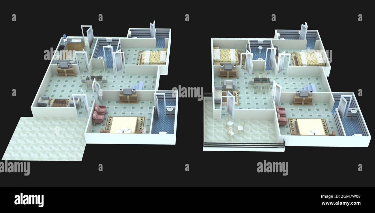 3D rendering illustration of a plan and layout of modern houses Stock ...