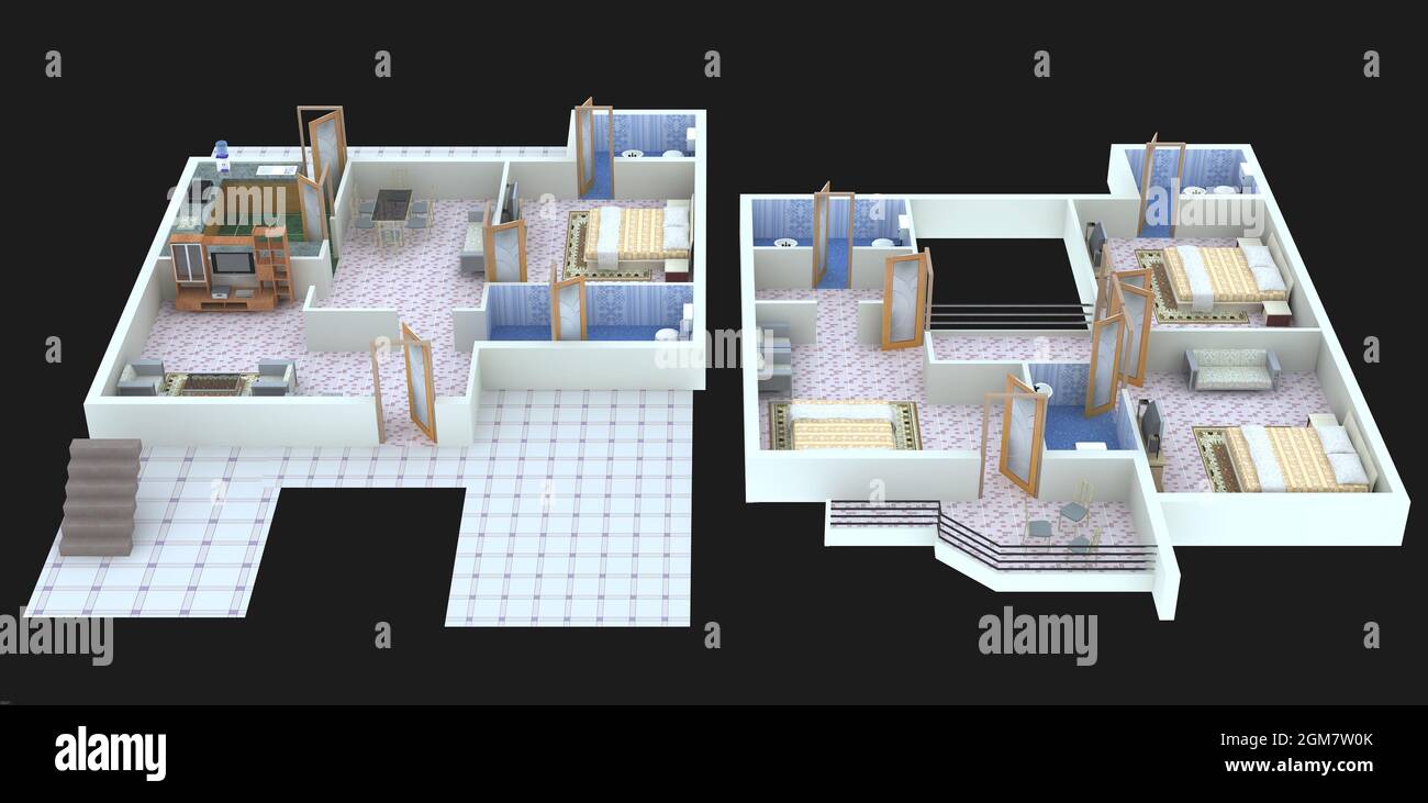 3D rendering illustration of a plan and layout of modern houses Stock ...