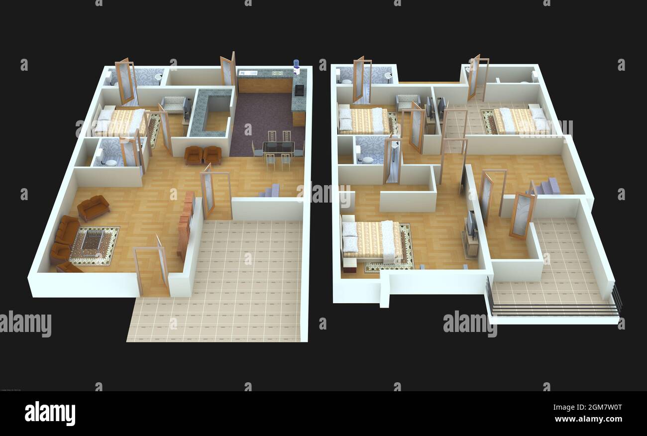 3D rendering illustration of a plan and layout of modern houses Stock ...