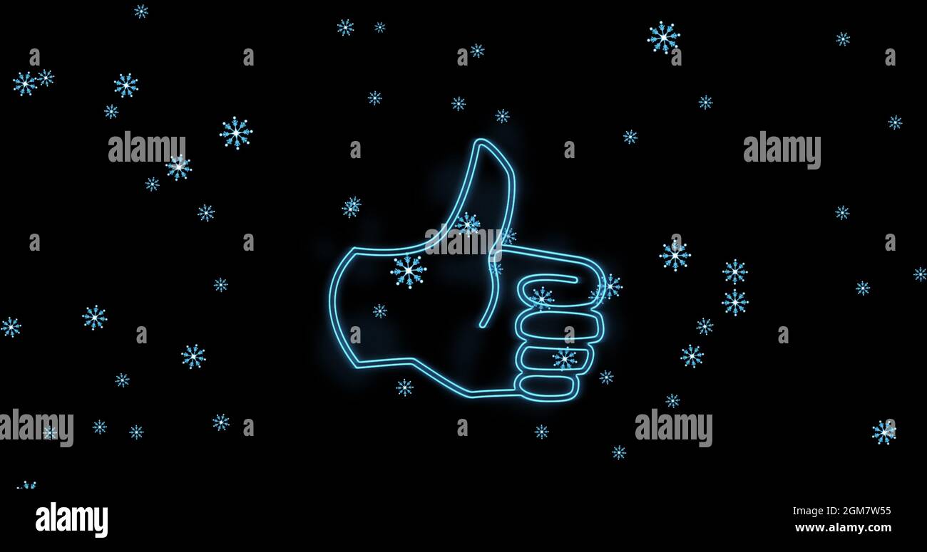 Digital image of snowflakes falling over thumbs icon neon symbol ...
