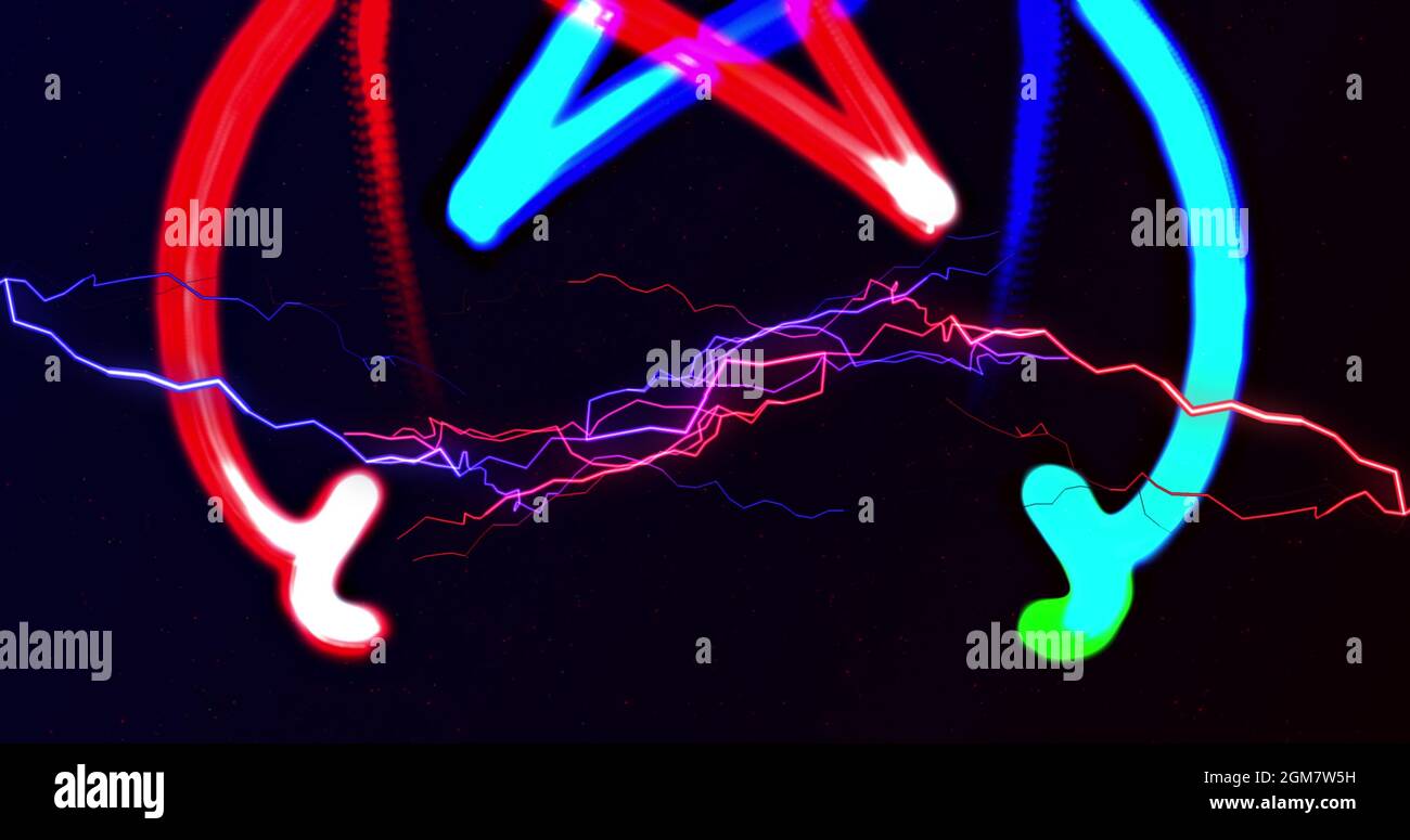 Image of red and blue electrical currents over colourful neon light ...
