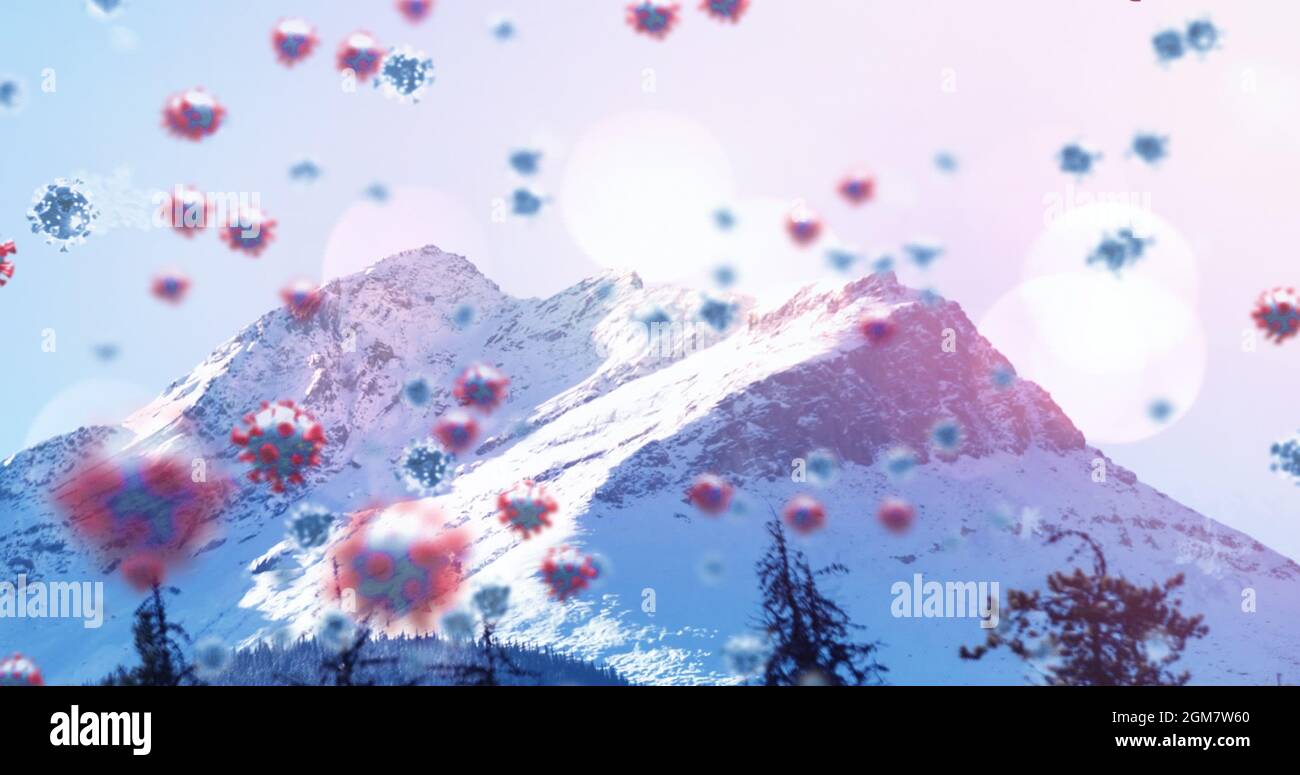 Image of covid 19 cells floating over winter scenery with fir trees ...