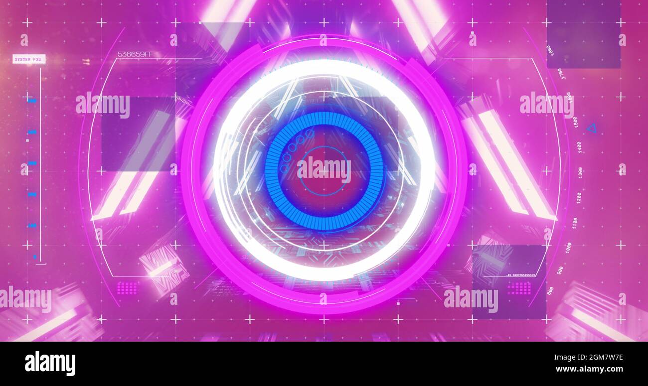 Image of scope scanning over pink and blue neon tunnel background Stock ...