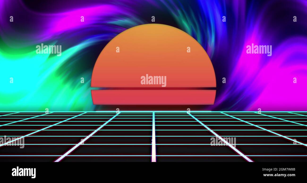 Image of orange neon sun setting over grid and glowing background Stock ...