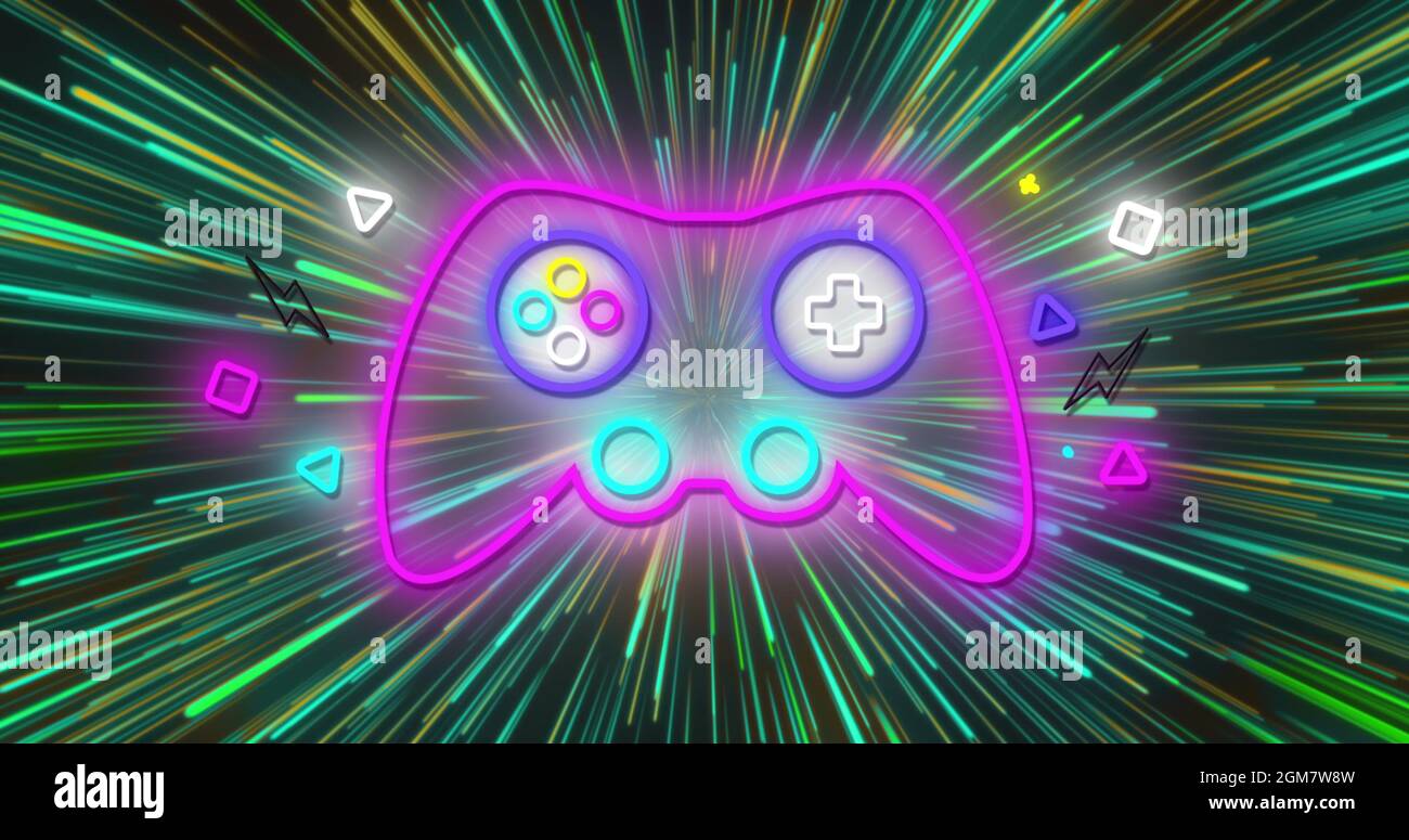 Image of neon game control pad flickering on vibrant neon background ...