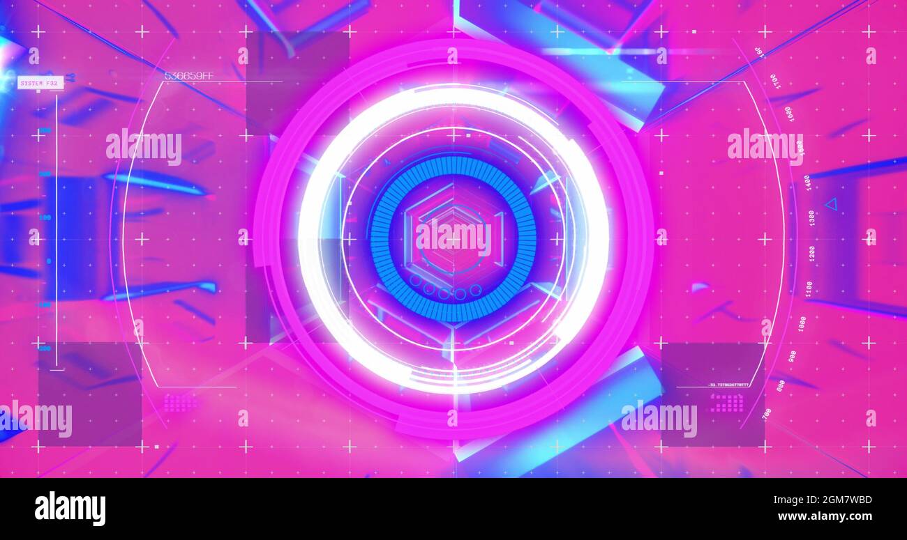 Image of scope scanning over pink and blue neon tunnel background Stock ...