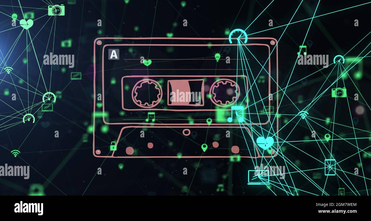 Digital image of neon vhs tape against globe of digital icons spinning ...