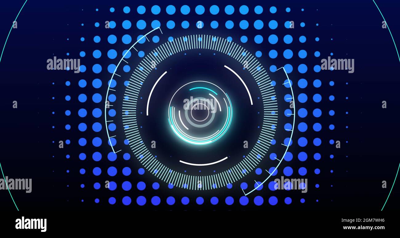 Digital image of neon round scanner spinning against mosaic squares on ...