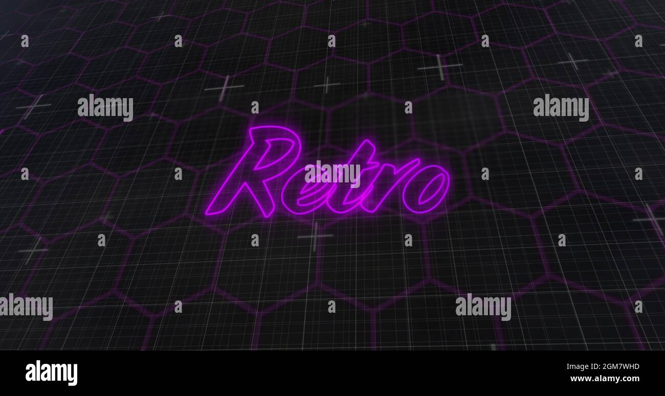 Image of glowing purple retro neon flickering text over hexagons and ...