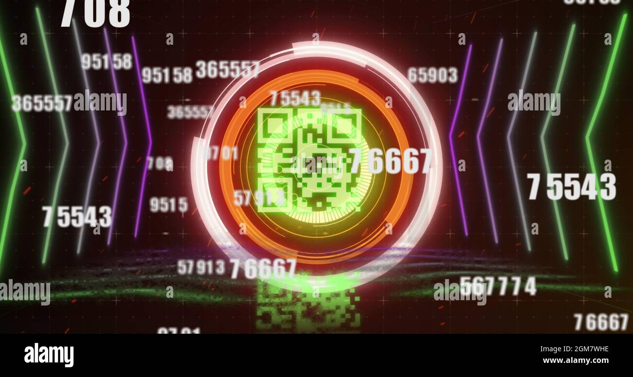 Image of qr code, scope scanning and numbers changing over neon elements in background Stock ...