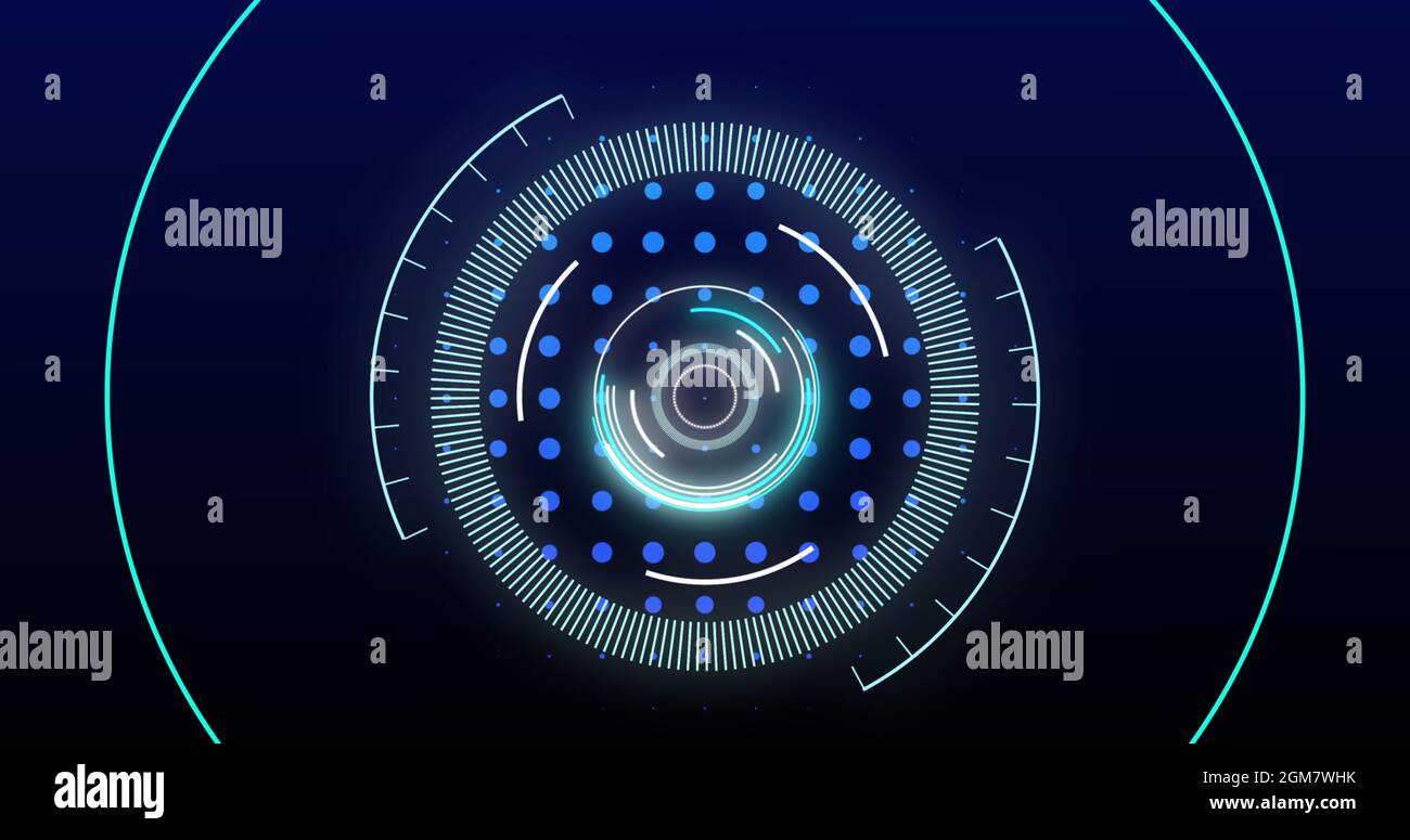 Digital image of neon round scanner spinning against mosaic squares on blue background Stock ...
