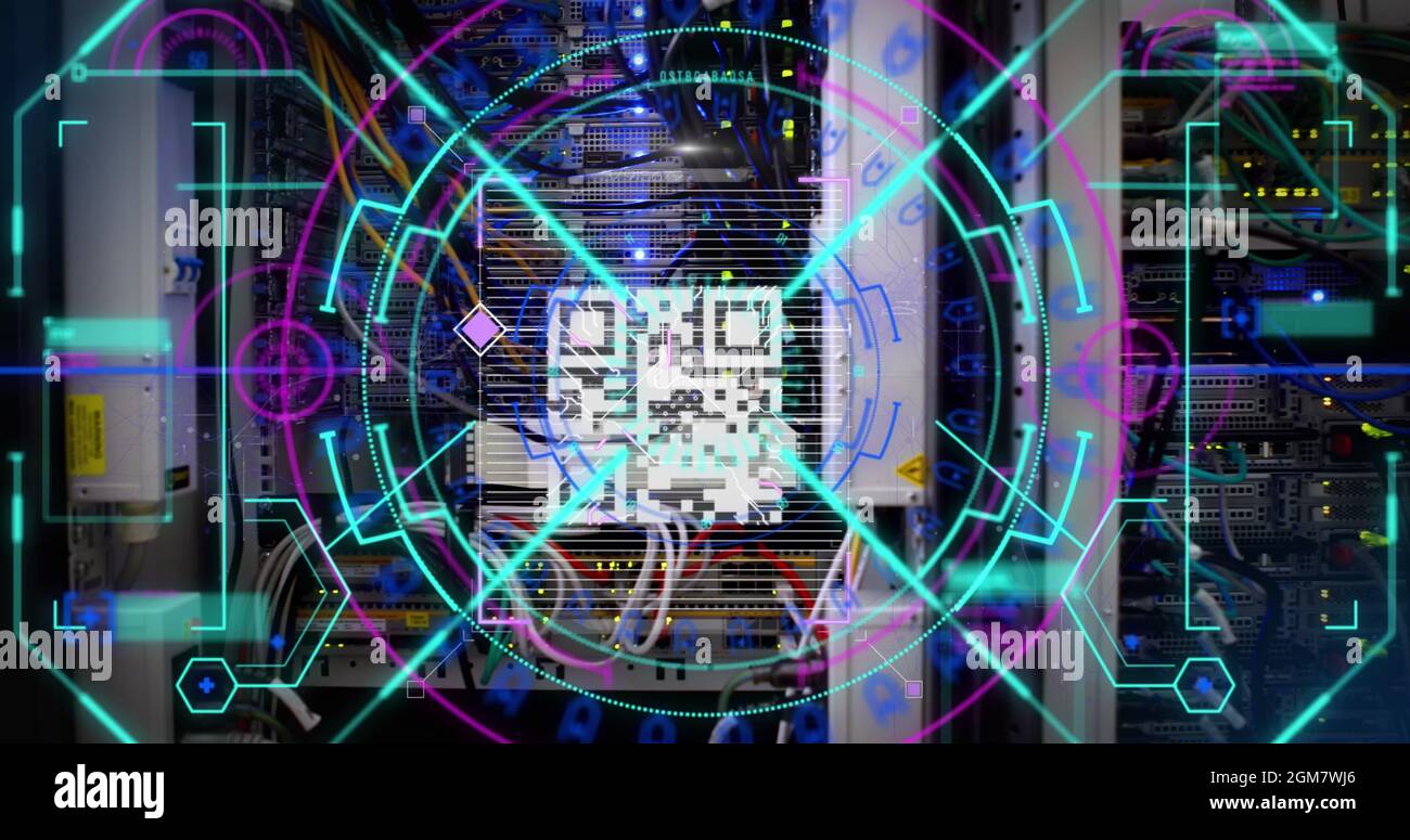 Digital image of qr code scanner over round neon scanner against ...